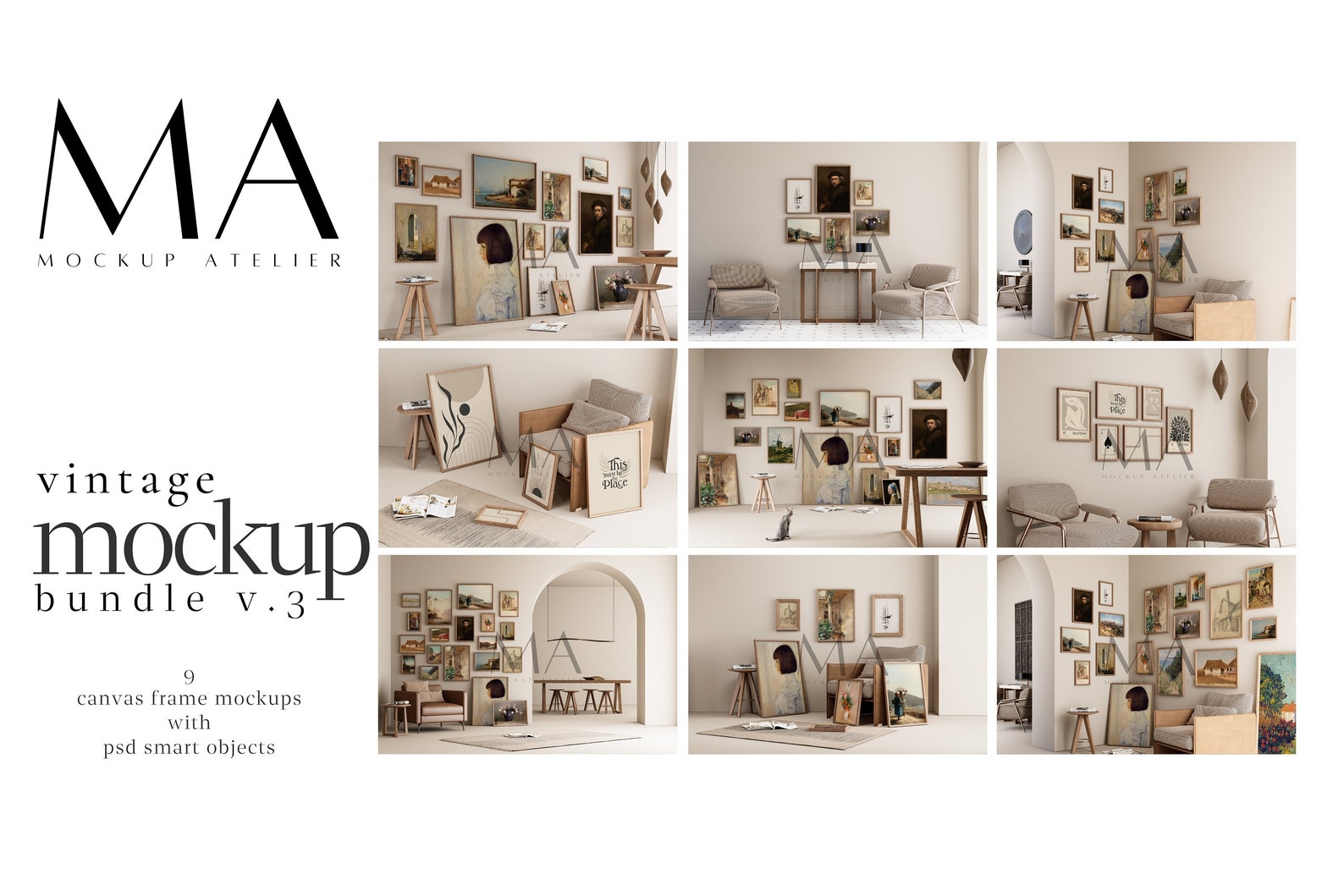 Gallery Frame Mockup Bundle, 9 Wall Art Set Mockup Pack, Boho Interior ...