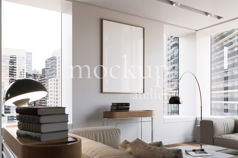 A0, Bright Interior Side View Wood Frame Mockup, Single Vertical Frame ...