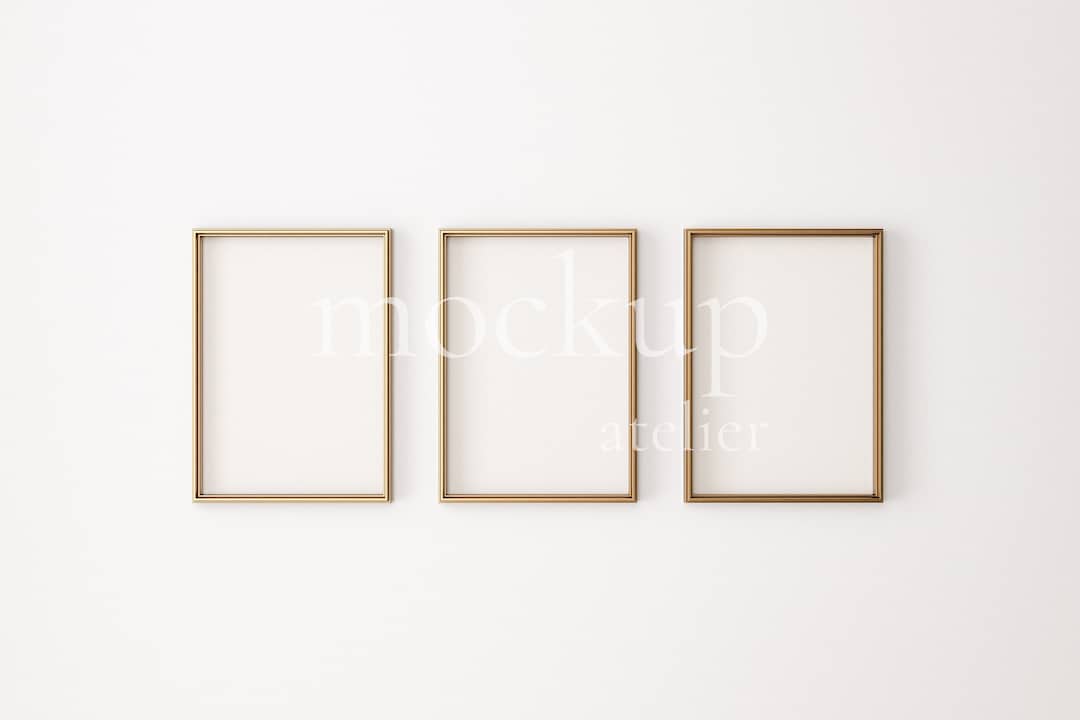 3 Vintage Gold Frames Mockup, Yellow Metal Frame Mockup, White Wall ...