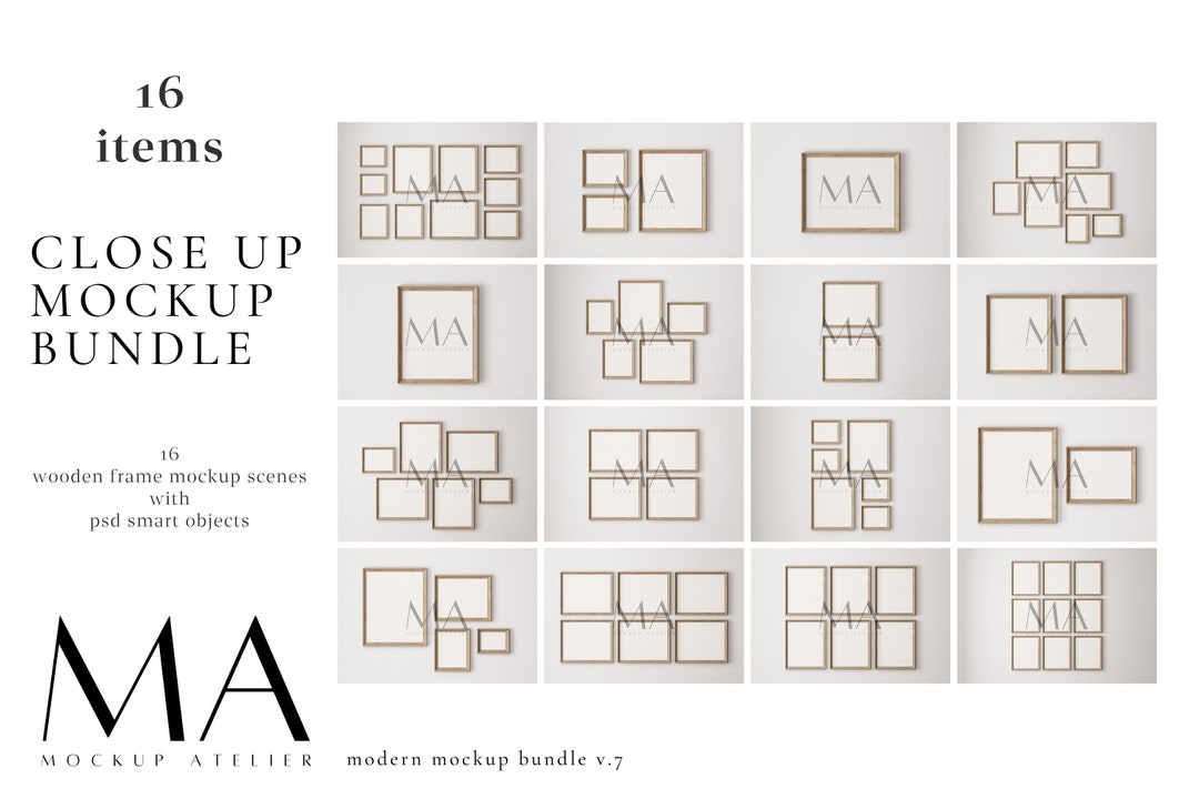 Close up Frame Mockup Bundle, Wood Wall Art Frame Mockup Set, 16 Pieces ...