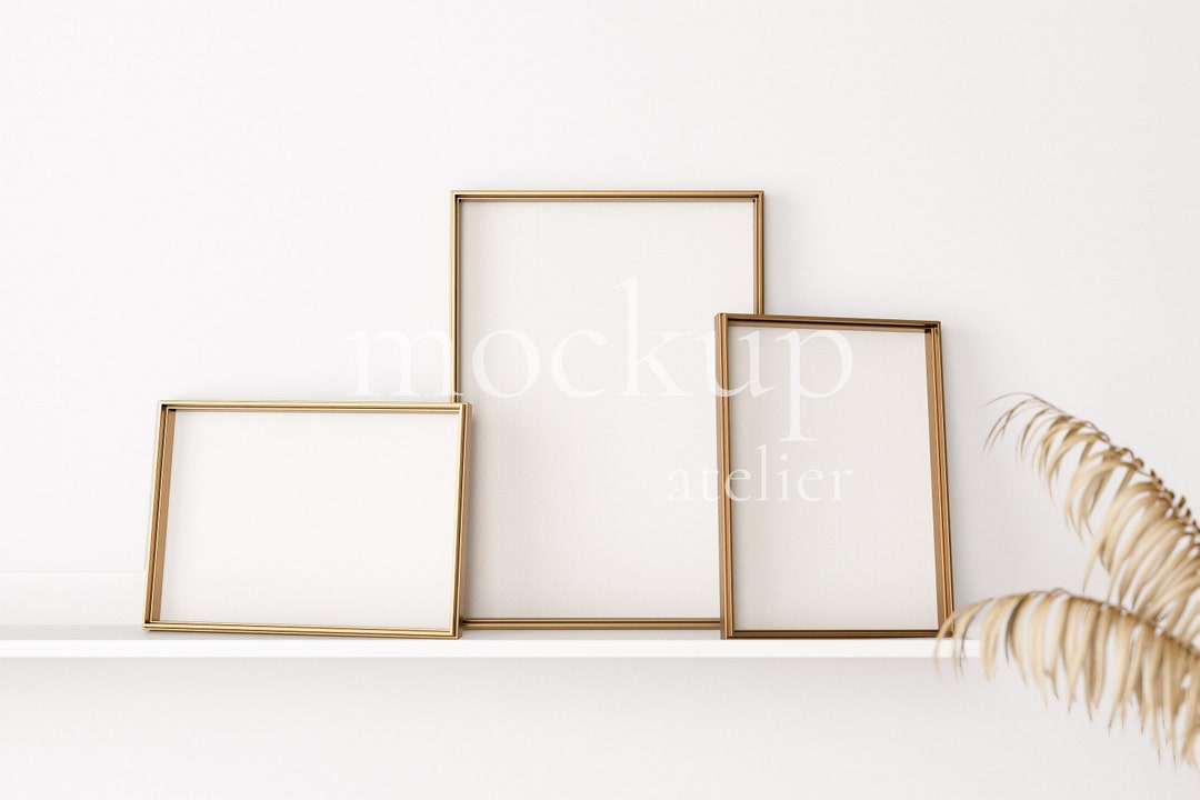 3 Golden Frames Mockup, Frame Bundle Mockup, Yellow Metal Frame Set ...