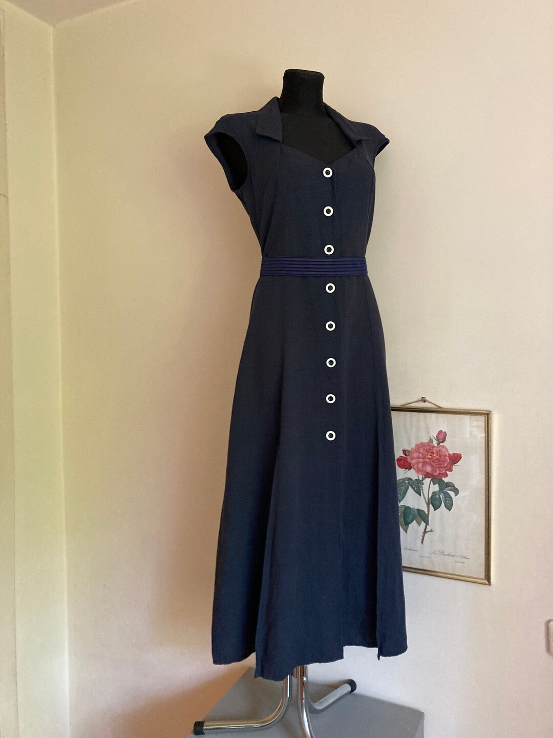 Vintage 90s Linen Blend Dress by Alba Moda Cute Collared Square Neck Sleeveless Midi Ankle Deep ...