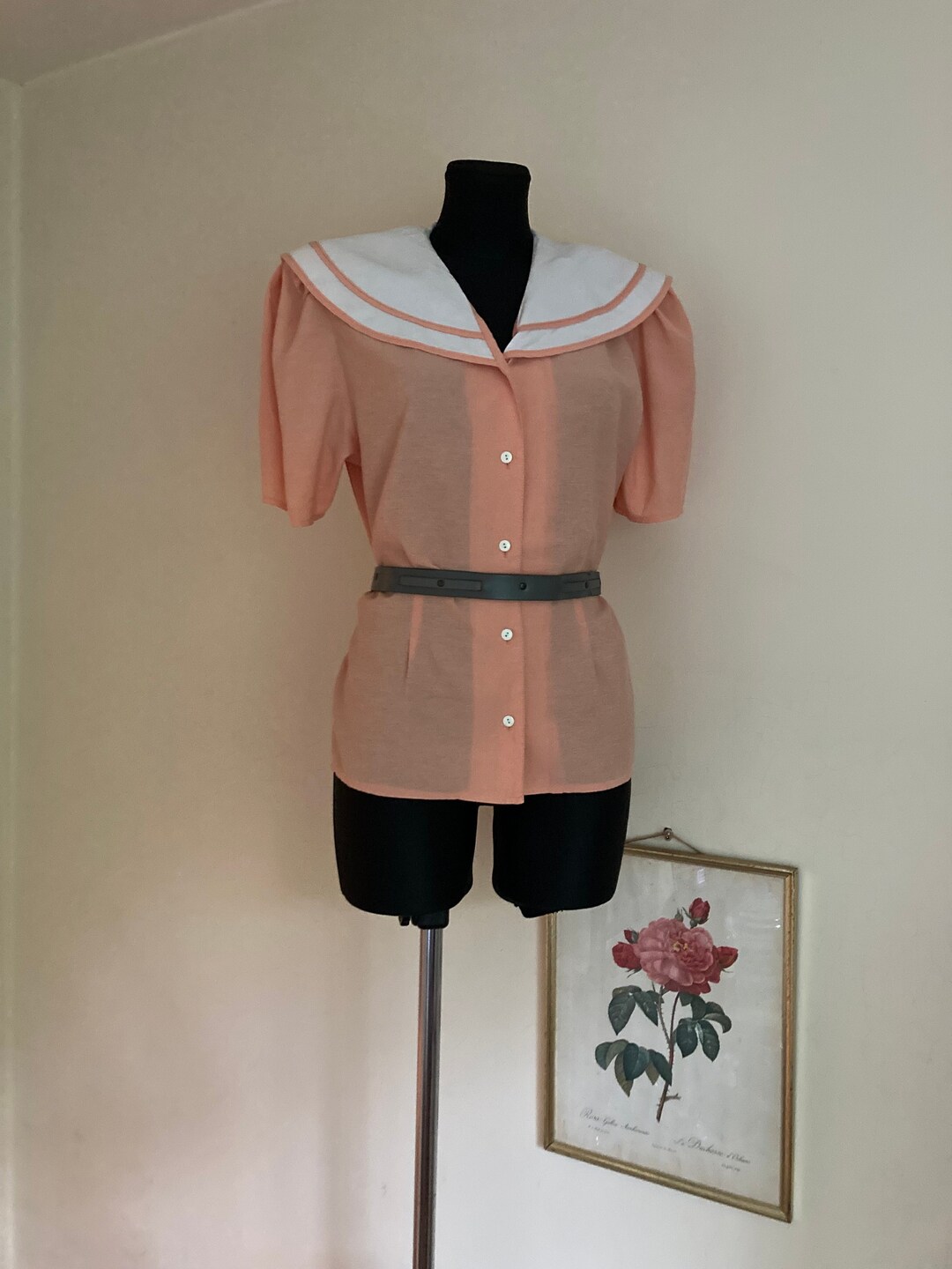 Vintage 80s Nautical Sailor Collar Blouse in Pastel Peach Pink | Short ...