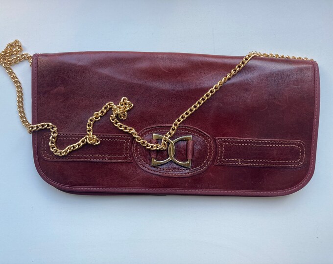 Vintage DD Logo Leather Shoulder Clutch Bag | Brown W/shade of Burgundy ...