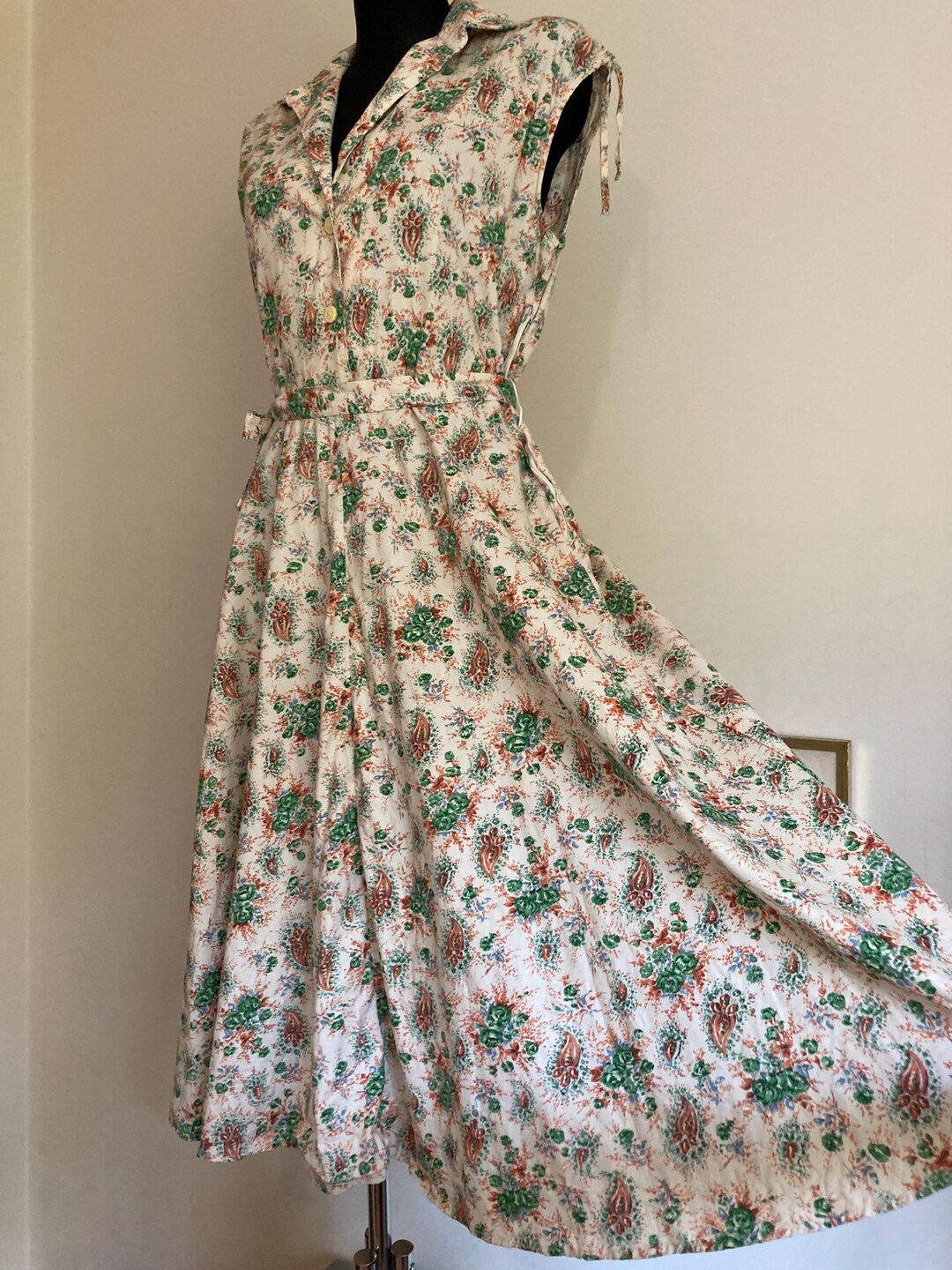 Vintage 60s Sundress in Green/brown/blue Rose Print on Cream Beige ...