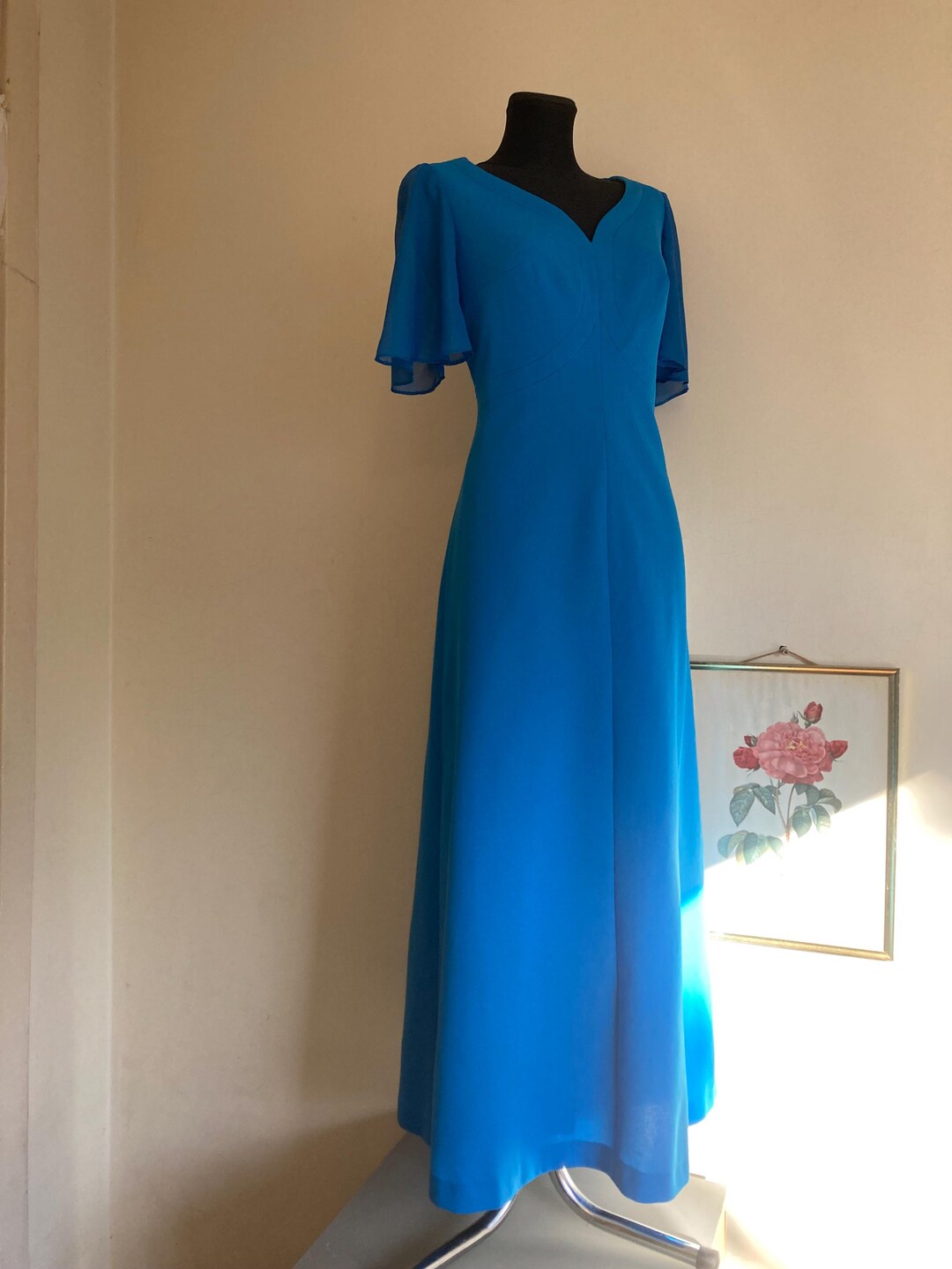 Vintage 60s-70s Maxi Evening Gown in Azure Blue | Sheer Butterfly Short ...