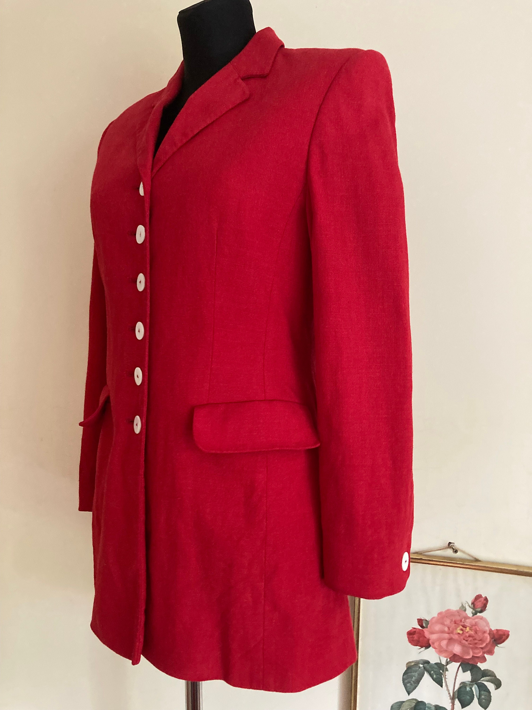 Vintage Linen Long Blazer in Red | Linen & Viscose Blend Fabric ...