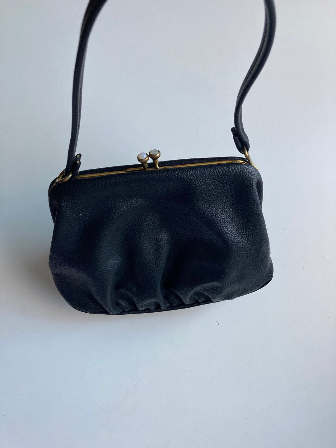 Vintage 50s-60s Frame Clasp Purse Black Faux Leather 1 Compartment & 2 ...