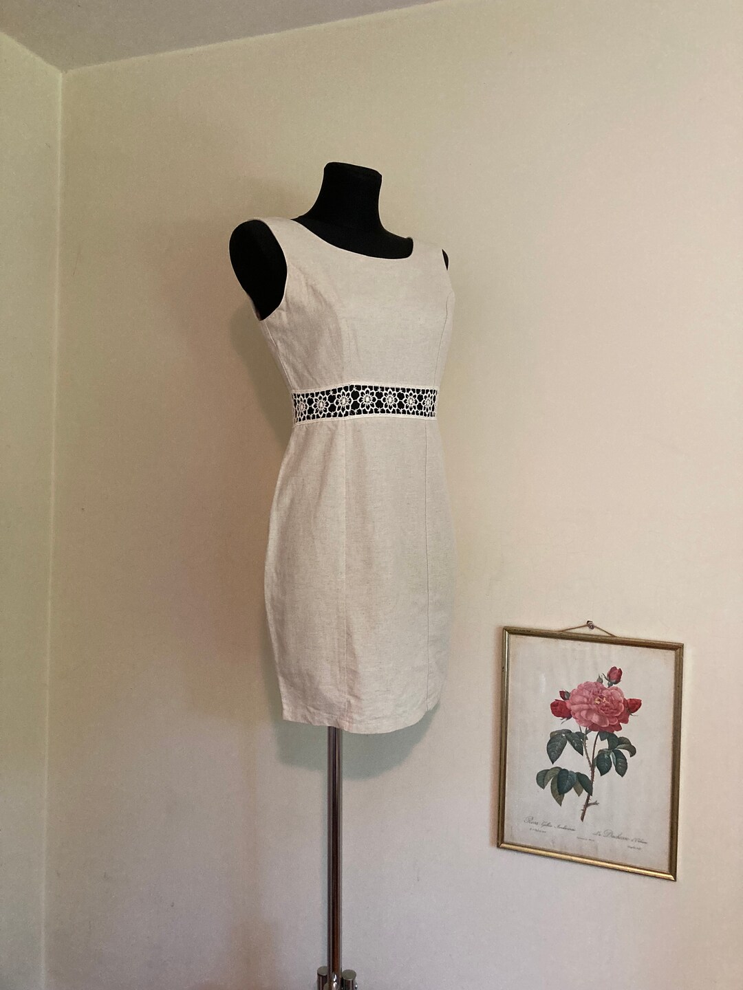 Vintage Linen Dress W/see-through Embroidered Lace Waist Line Beige ...