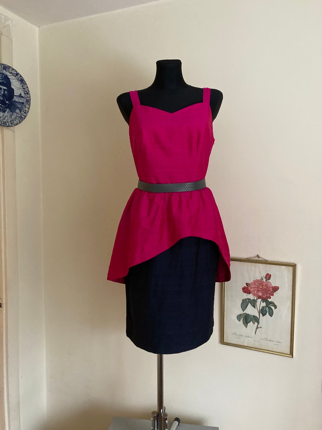 Vintage Pure Silk Peplum Dress in Pink & Dark Blue by Rembo Belgium ...