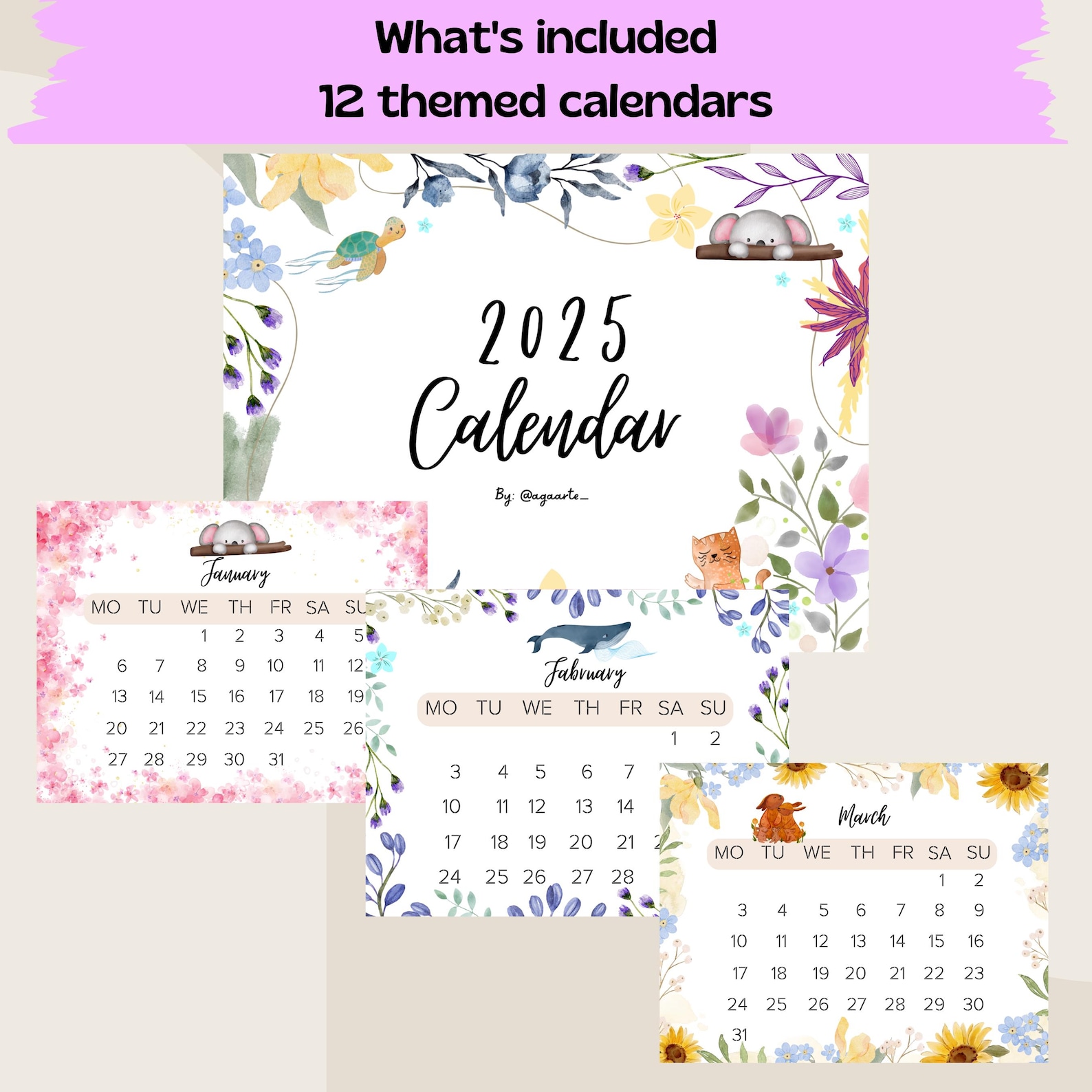 Printable Calendar 2025 Animals and Flowers Printable Monthly Calendar ...