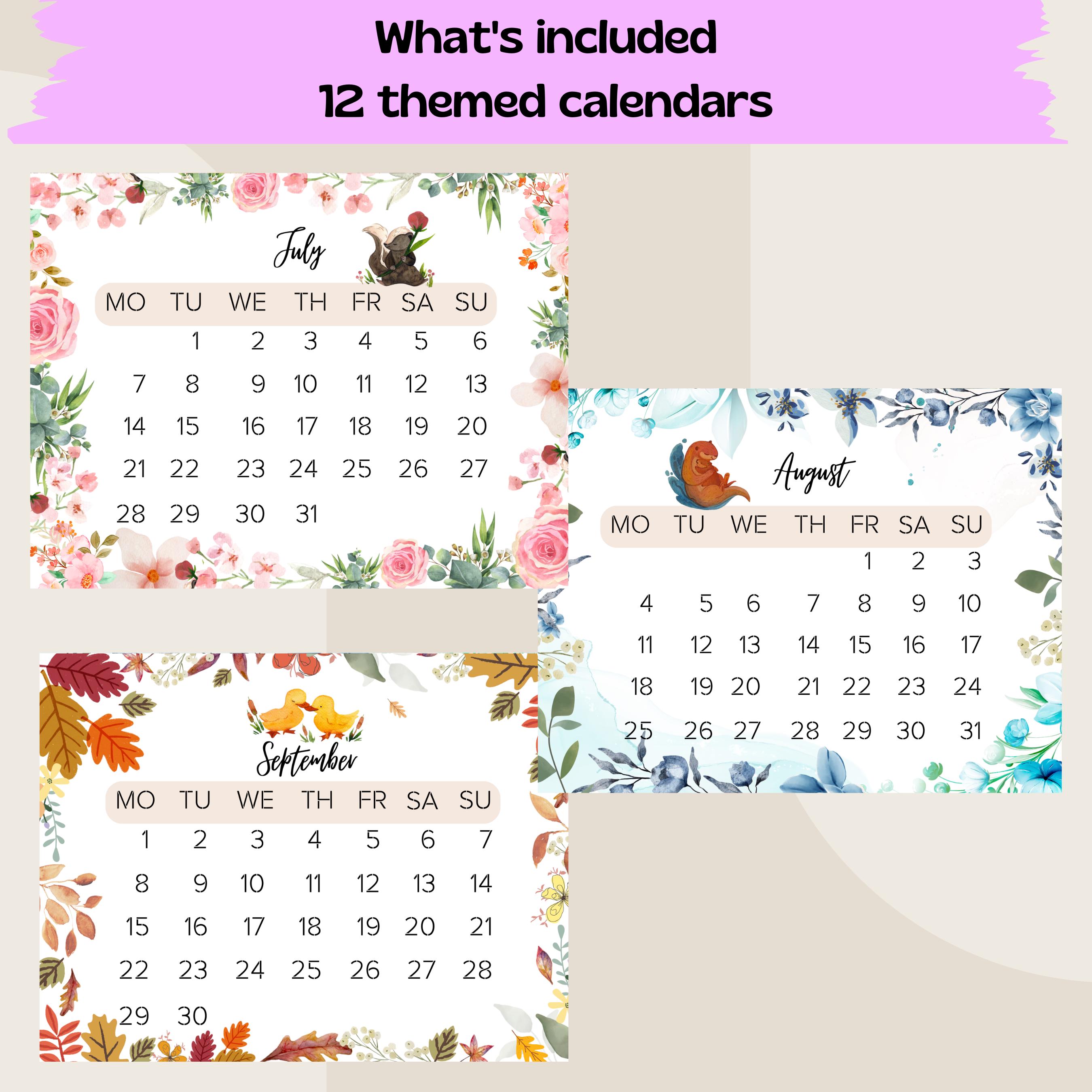 Printable Calendar 2025 Animals and Flowers Printable Monthly Calendar ...