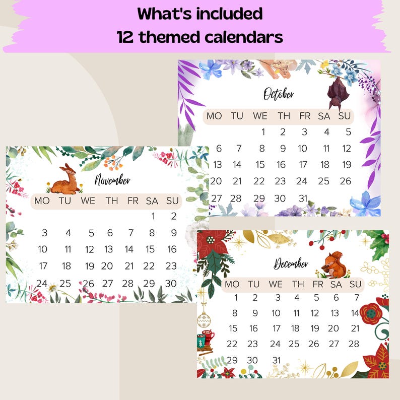 Printable Calendar 2025 Animals and Flowers Printable Monthly Calendar ...