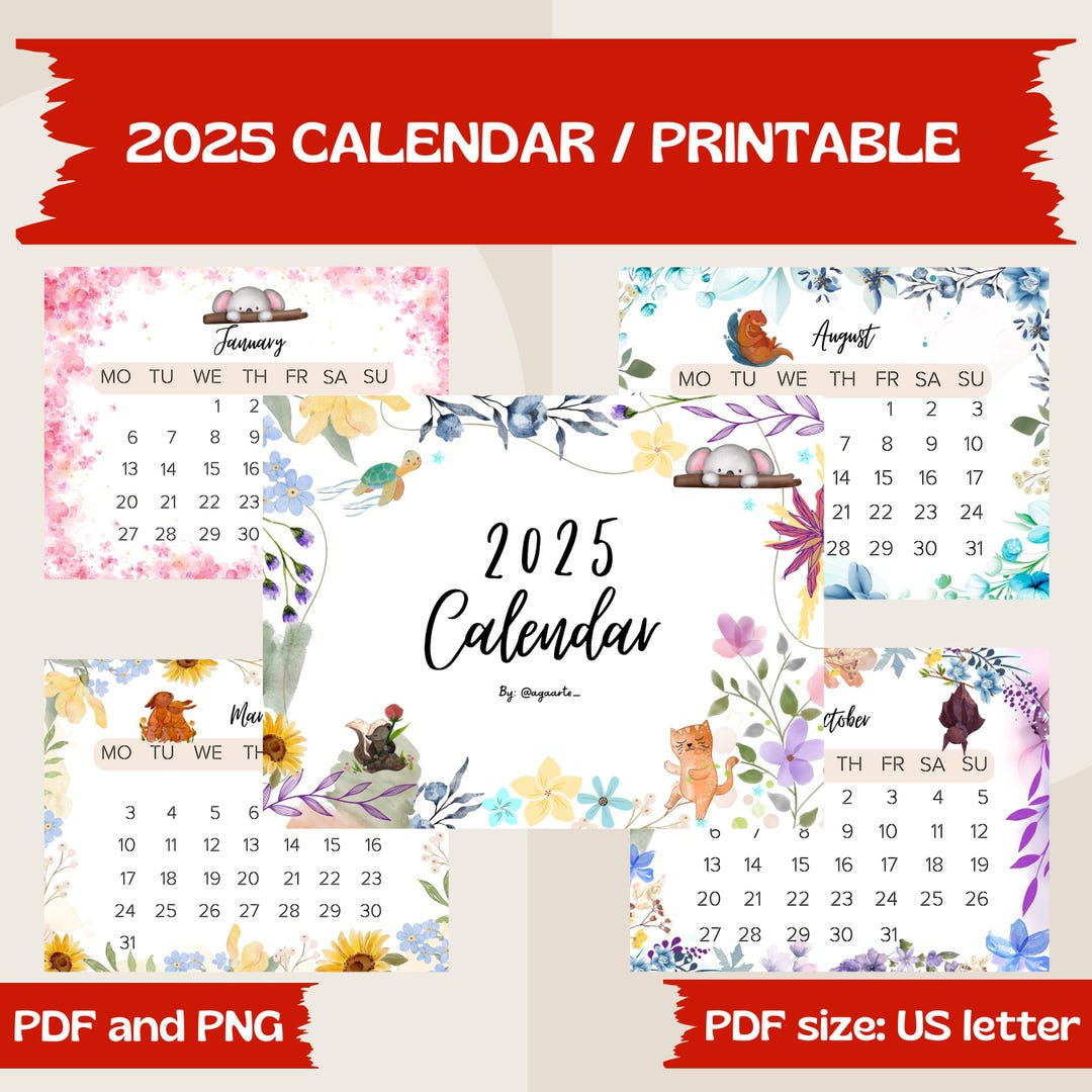 Printable Calendar 2025 Animals and Flowers Printable Monthly Calendar ...