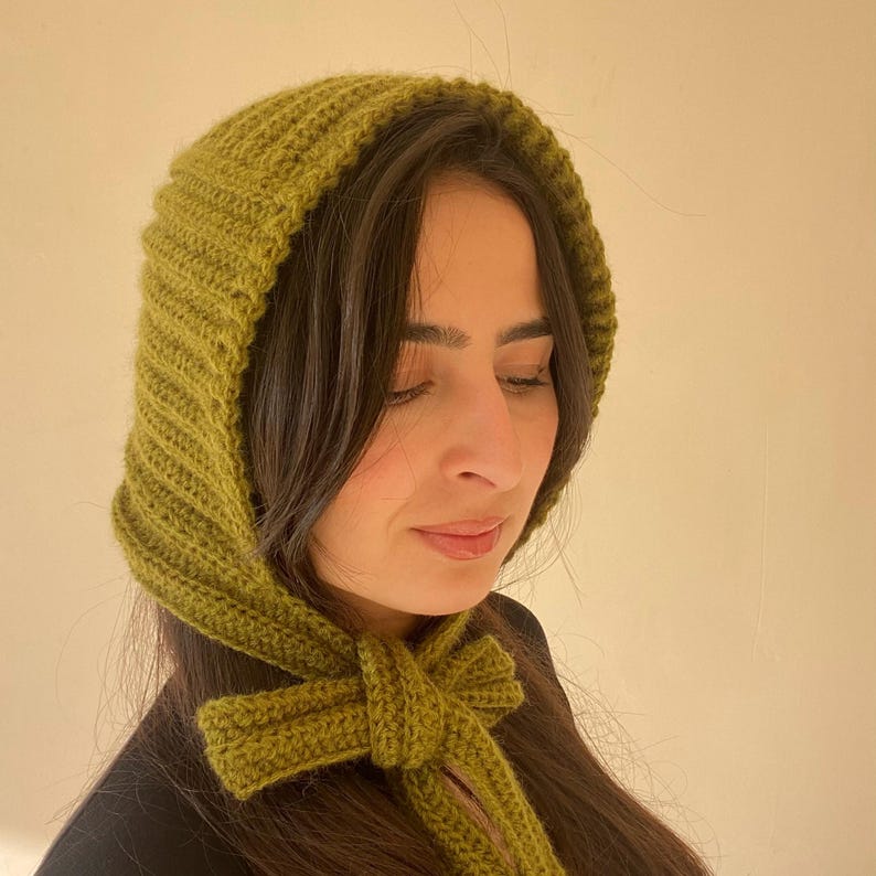 Green Crochet Mohair Bow Bonnet: Handmade Soft Winter Hood Scarf for ...