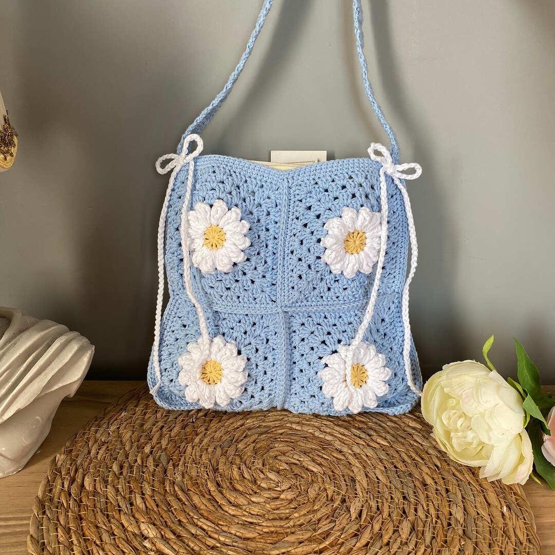 Crochet Daisy Flower Summer Shoulder Bag, Granny Square Knitted Bag ...