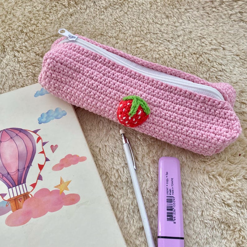 Crochet Strawberry Pencil Case: Pink Zipper Pen Pouch - Etsy