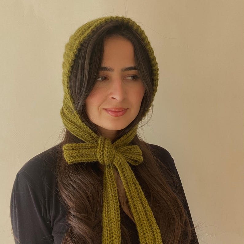 Green Crochet Mohair Bow Bonnet: Handmade Soft Winter Hood Scarf for ...