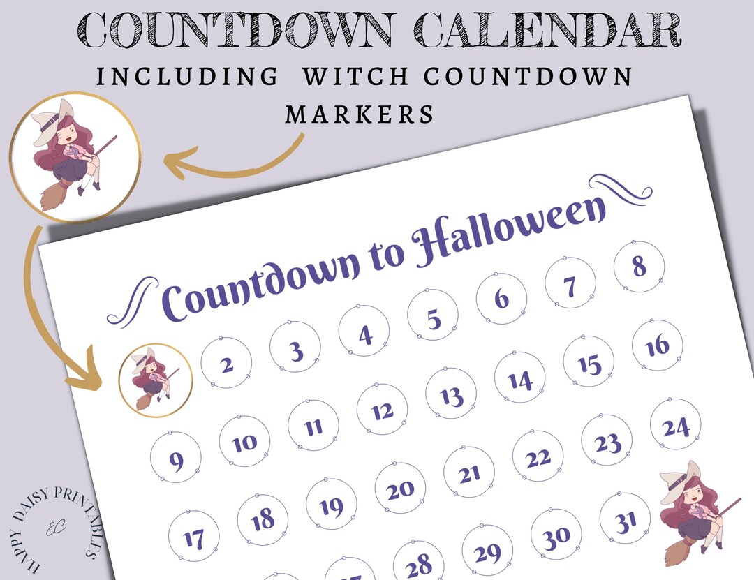 Halloween Countdown Printable Calendar/ Cute Witch Theme Halloween ...