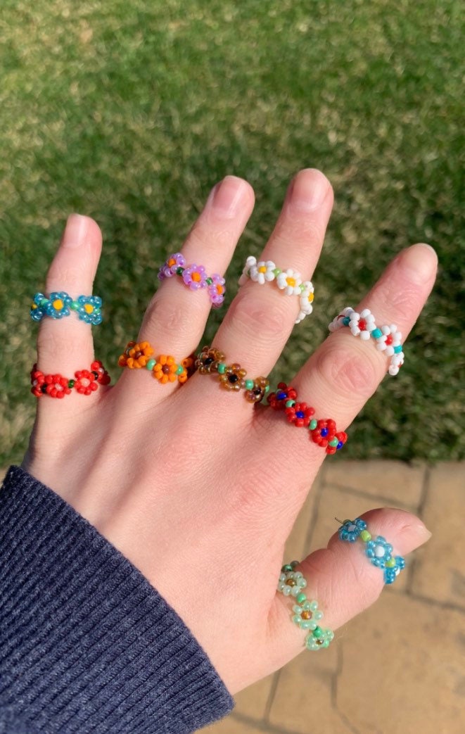 Seed Bead Flower Rings, Handmade Beaded Rings Colorful Customizable ...