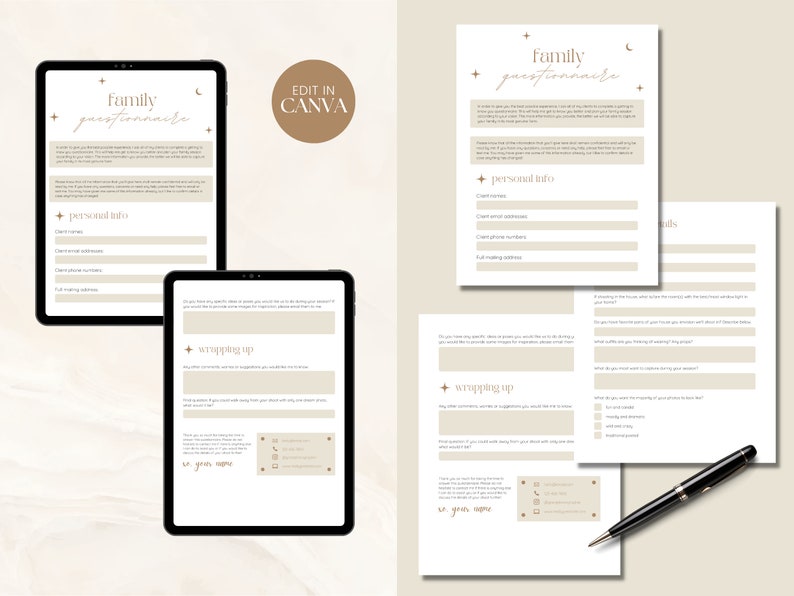 Family Session Photography Client Questionnaire Form, Canva Boho ...