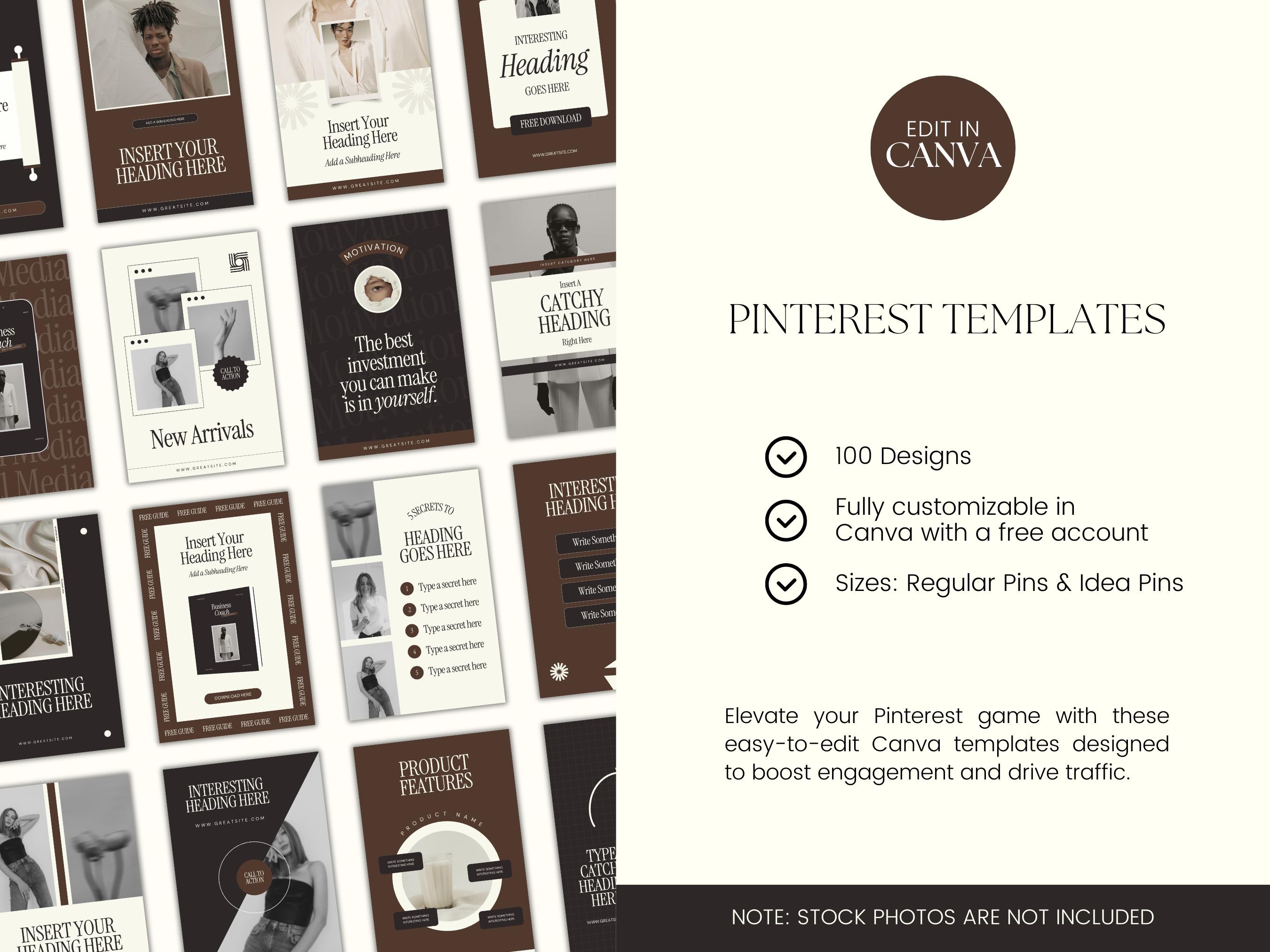 Canva Modern Pinterest Templates, Brown Branding, Idea Pins, Aesthetic ...