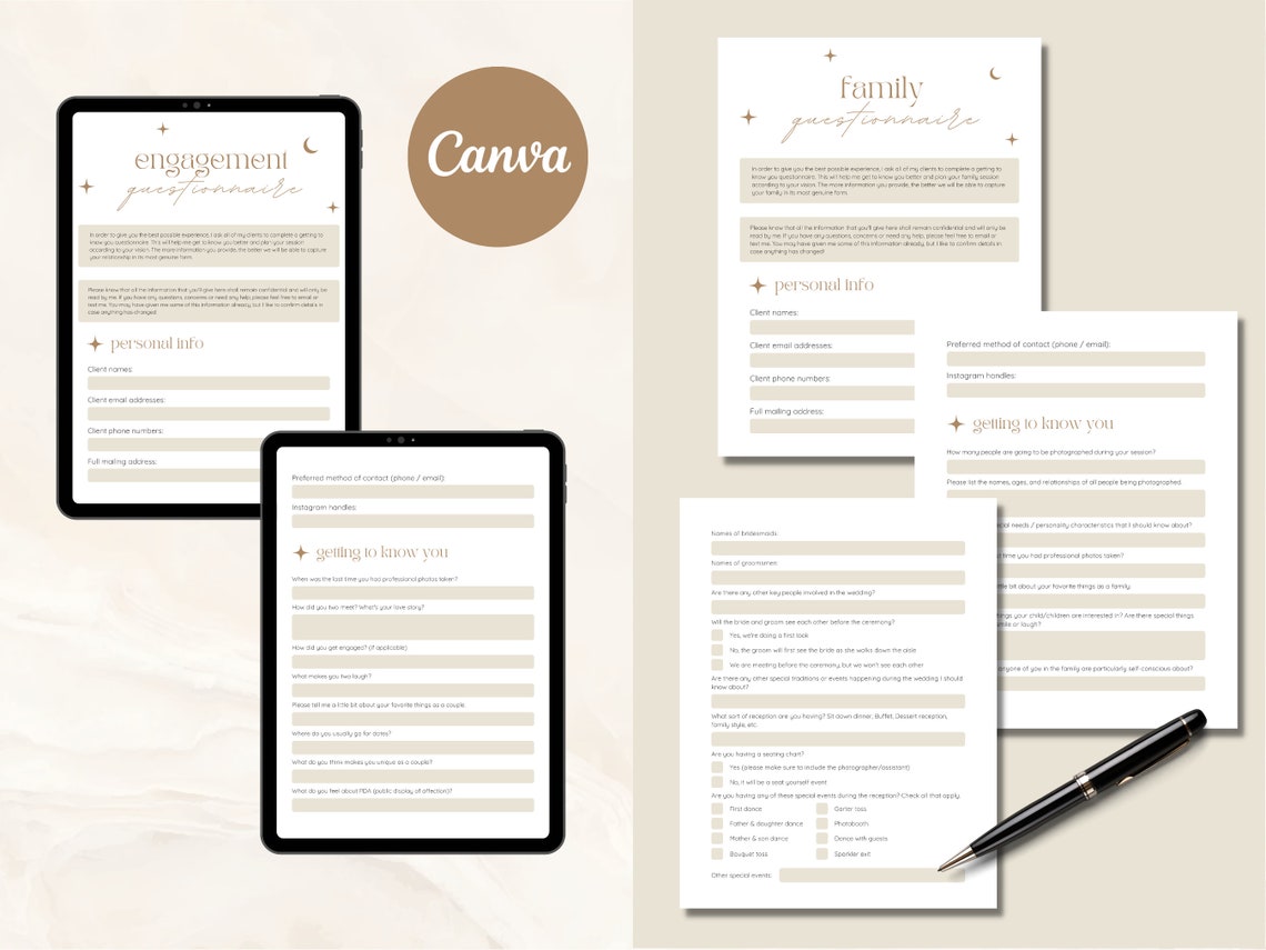 Photography Session Client Questionnaire Form Bundle for - Etsy