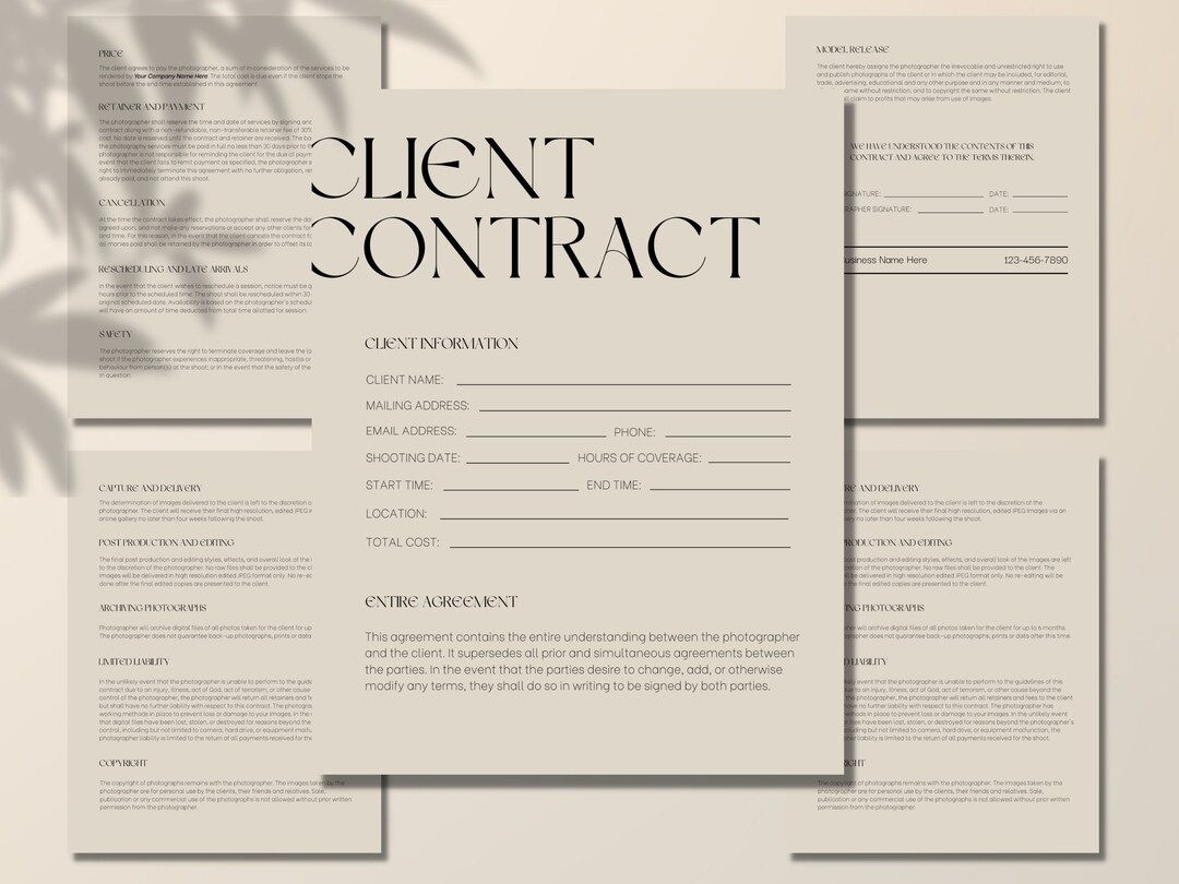Plantilla de contrato de cliente de fotografía de sesión, fotógrafos de ...