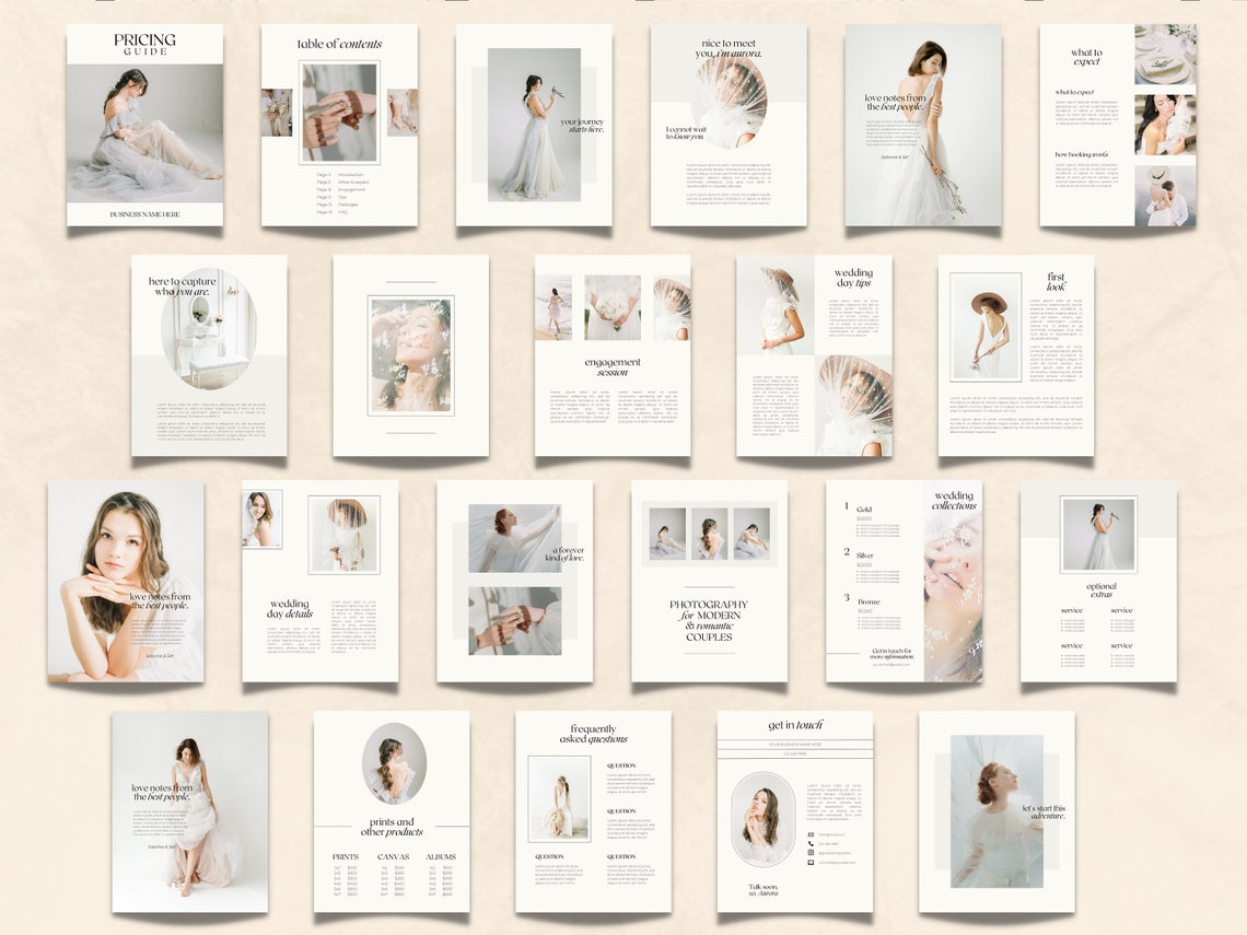 Aurora CANVA Modern Luxury Fine Art Wedding Photography Pricing Guide Magazine Template Brochure ...