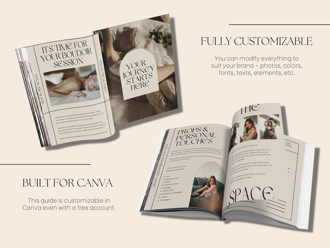 CANVA Modern Boudoir Session Client Guide With Content, Pre-written Preparation Guide, Editable ...