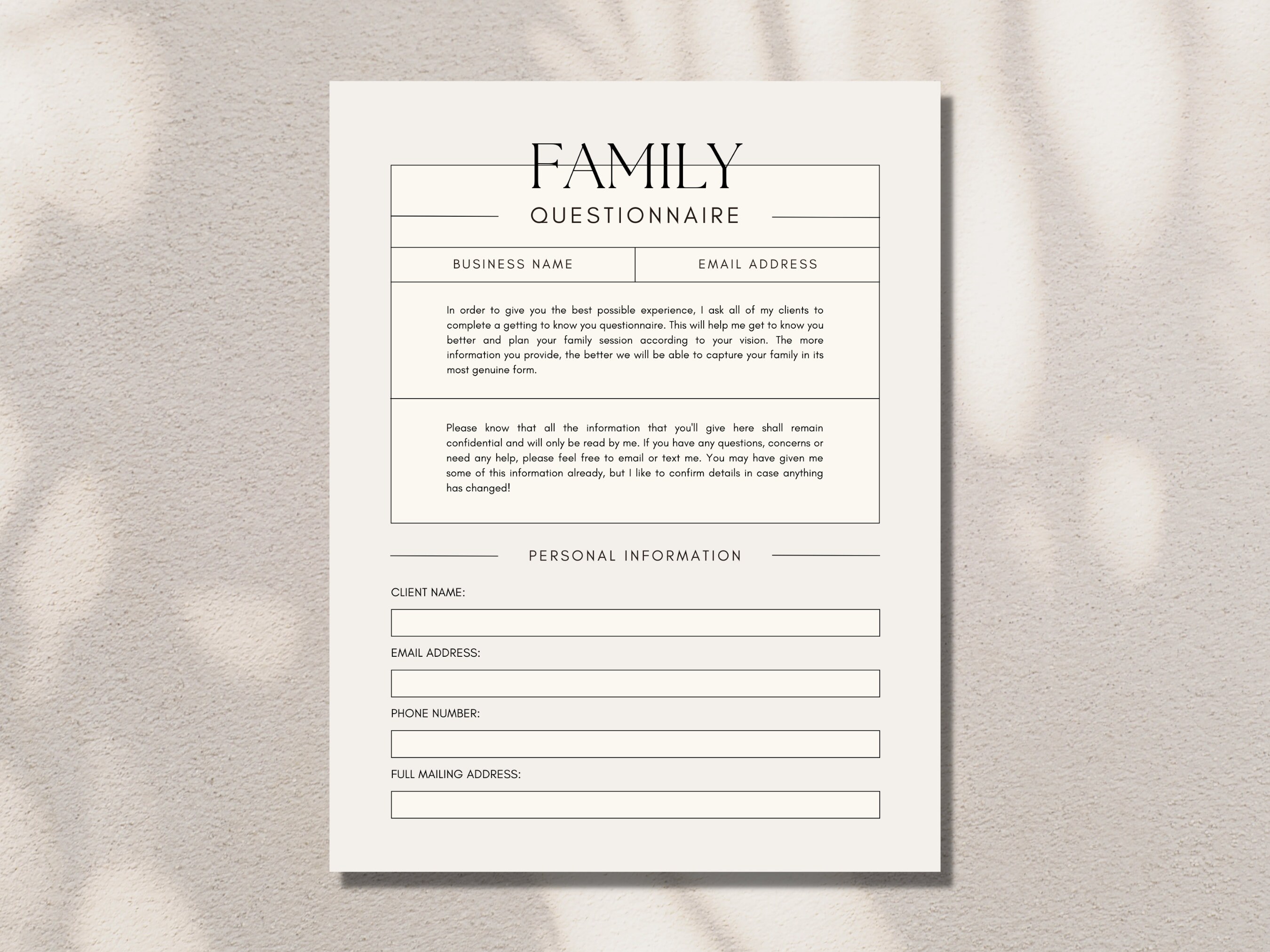 Family Session Photography Client Questionnaire Form, Canva Modern ...