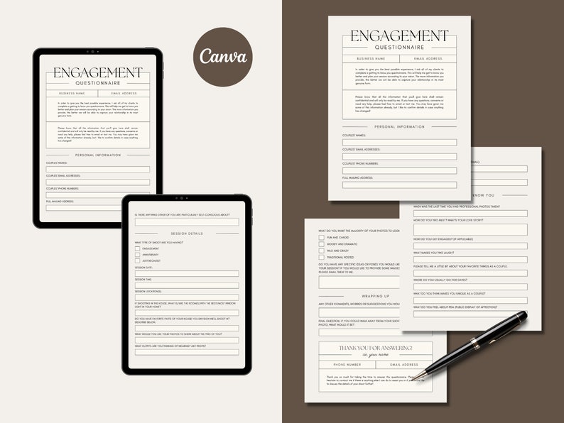Engagement Session Photography Client Questionnaire Form, Canva Modern Editable Questionnaire ...
