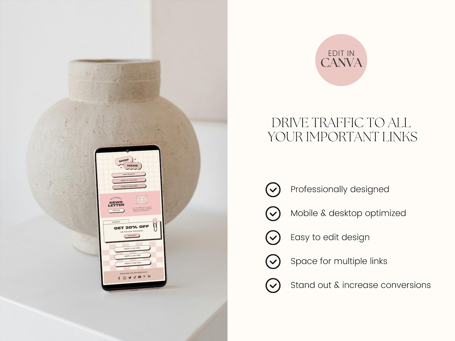 Canva Link in Bio Template, Editable Website Template, Modern Pink ...