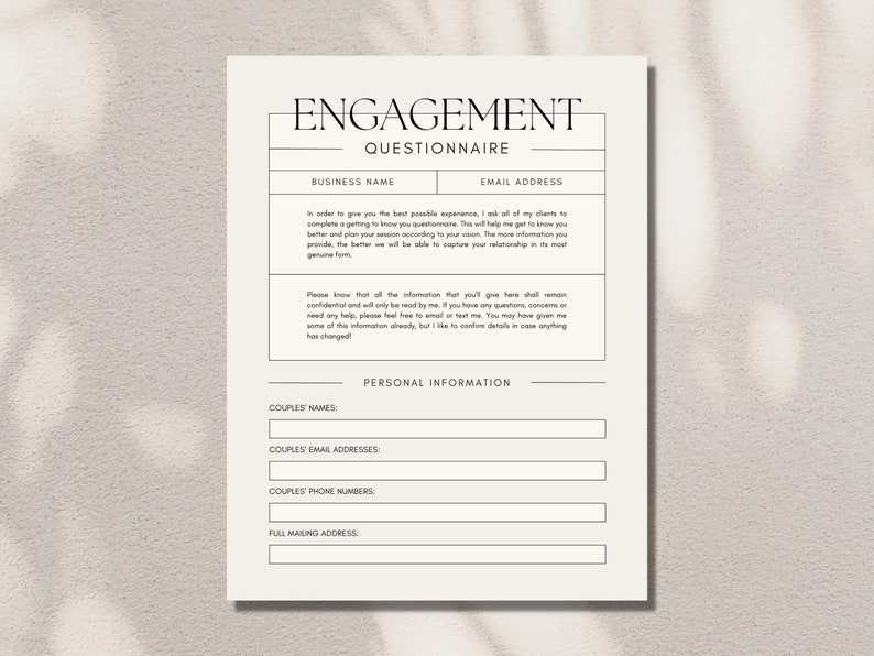 Engagement Session Photography Client Questionnaire Form, Canva Modern ...