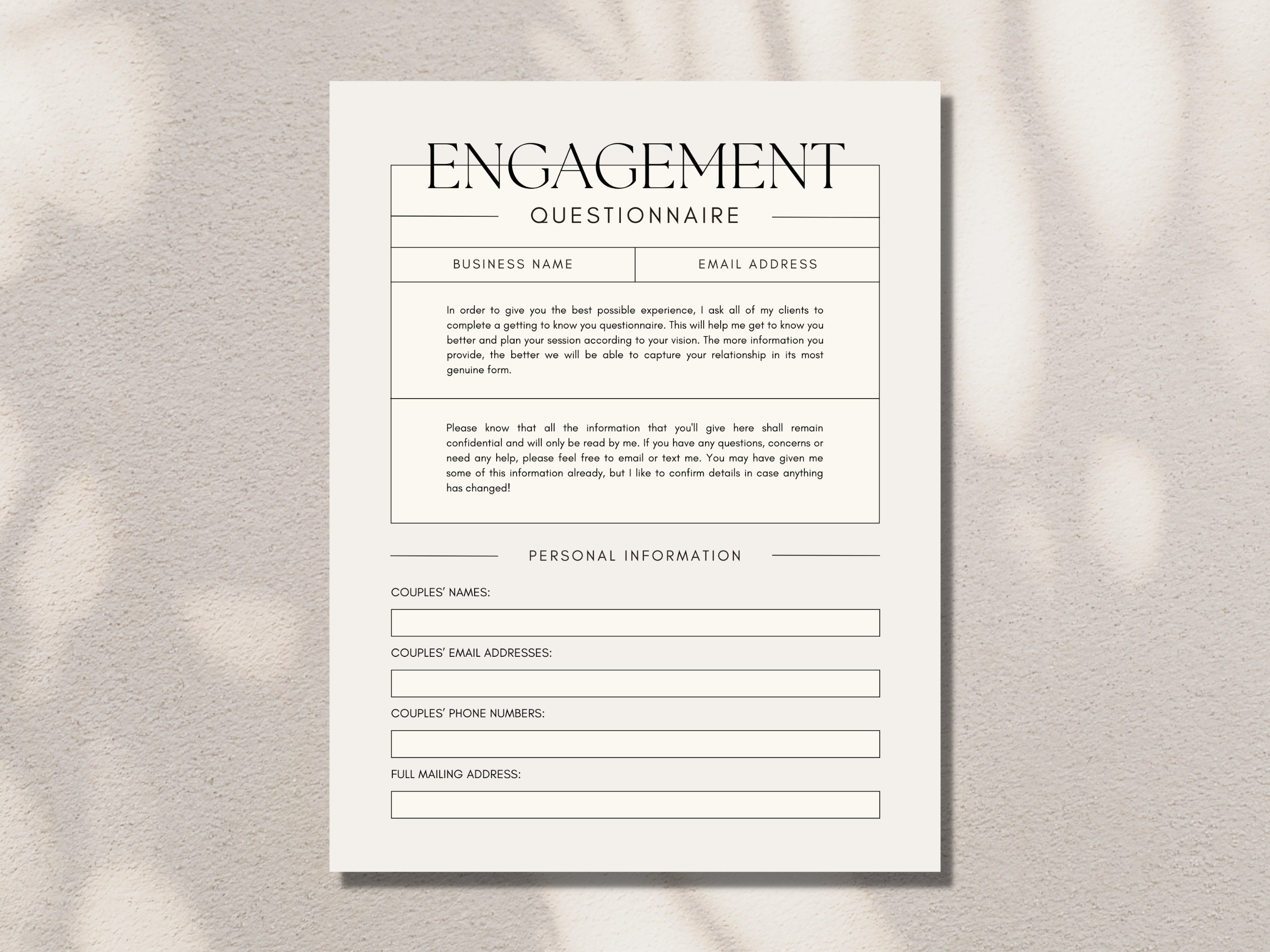 Engagement Session Photography Client Questionnaire Form, Canva Modern ...