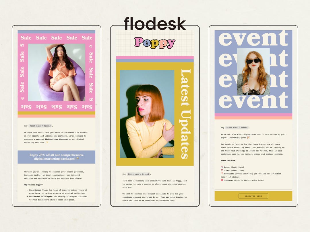 Flodesk Email Marketing Templates, Colorful Retro Newsletter Template ...