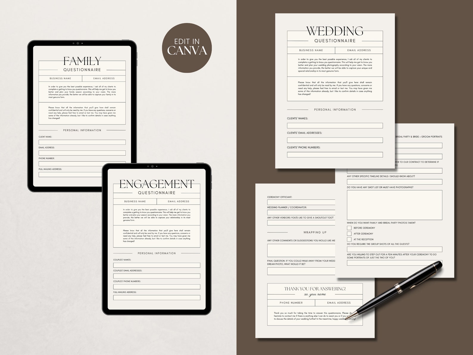 Photography Session Client Questionnaire Form Bundle, Wedding ...