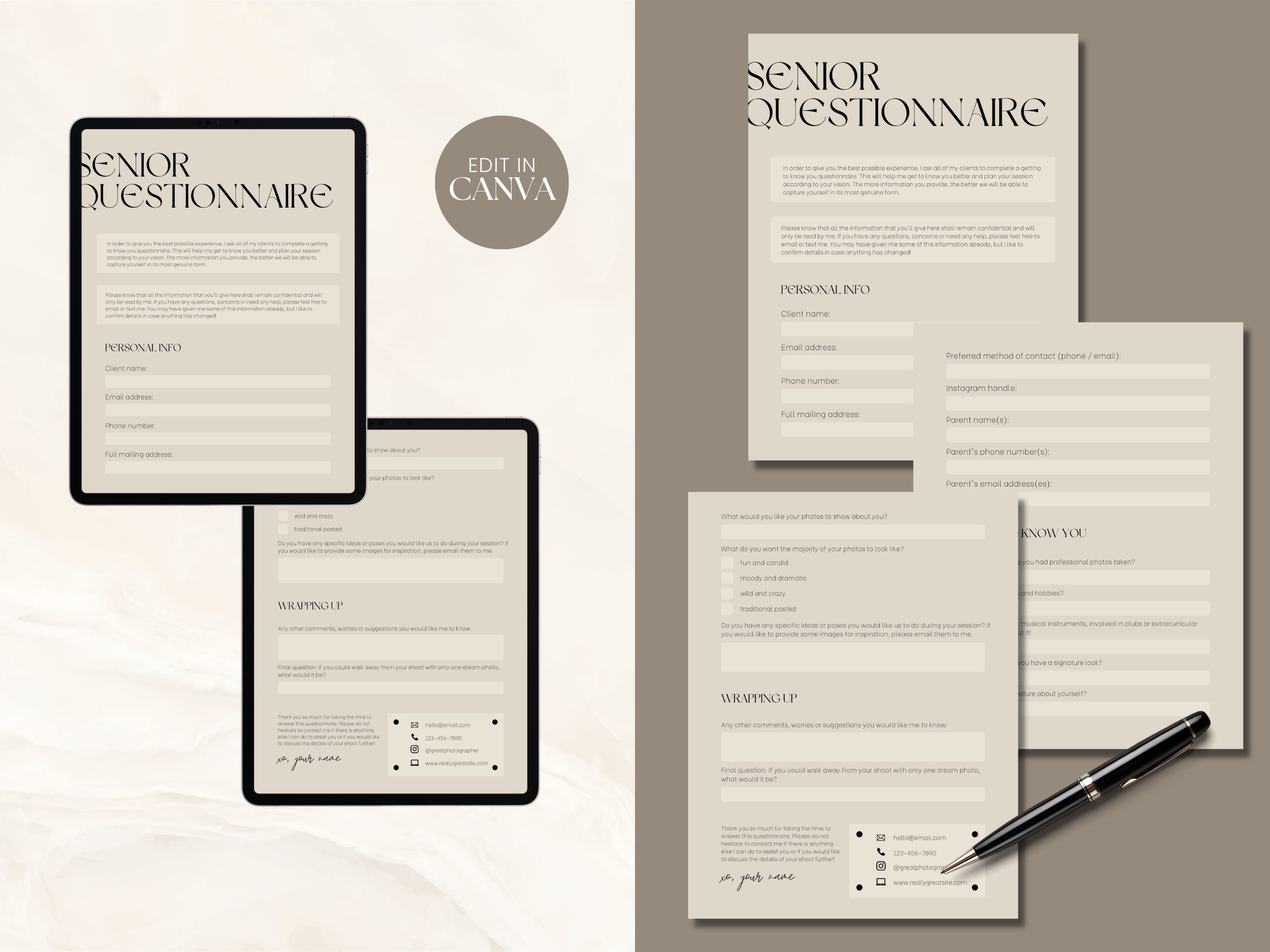 Senior Session Photography Client Questionnaire Form, Canva Modern ...