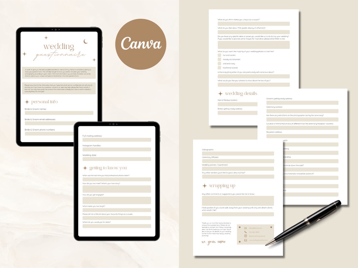 Wedding Photography Client Questionnaire Form Canva Boho - Etsy