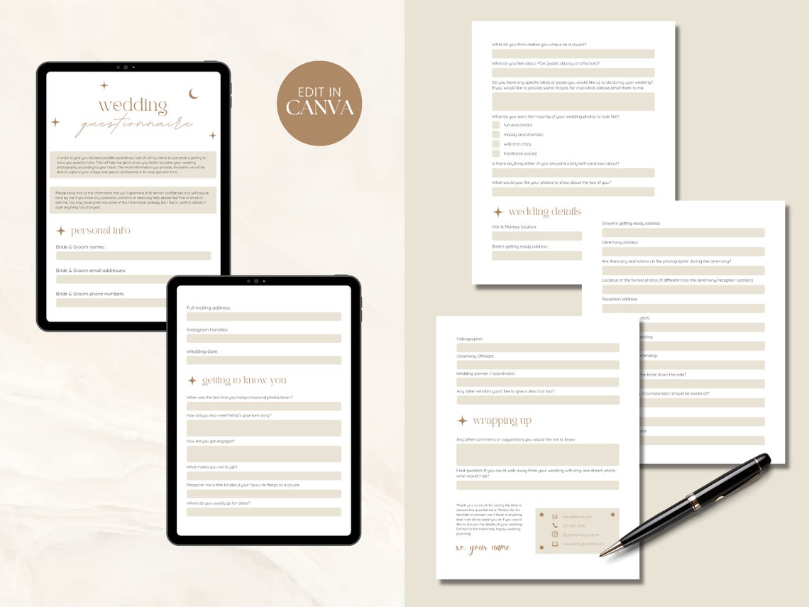 Wedding Photography Client Questionnaire Form, Canva Boho Editable ...