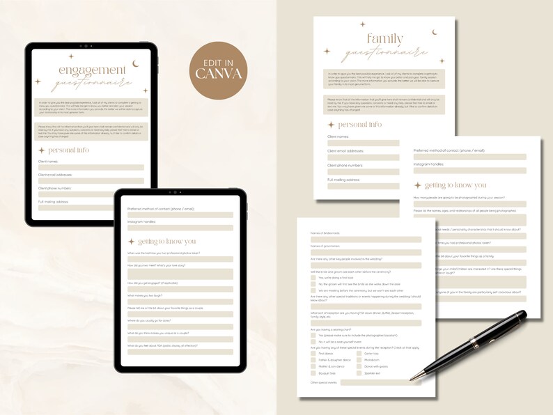 Photography Session Client Questionnaire Form Bundle, Wedding ...