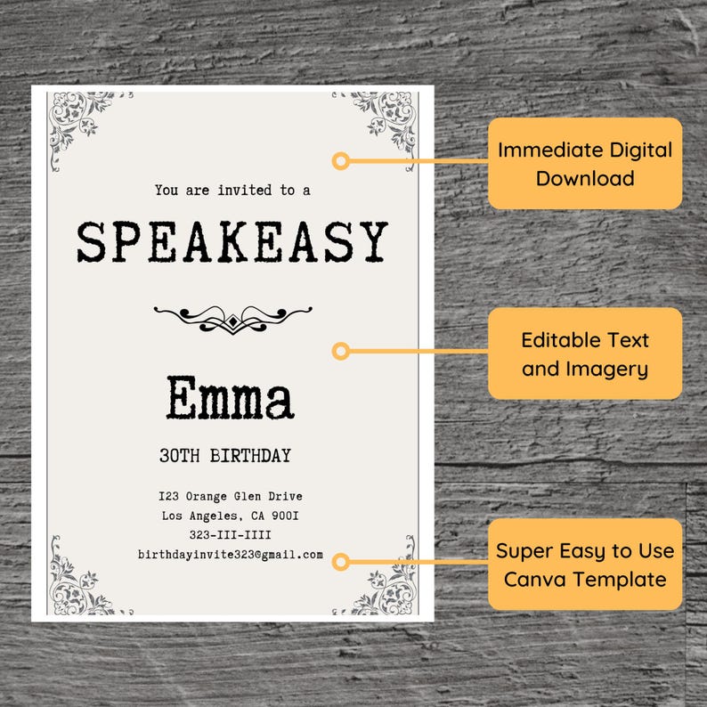 Speakeasy for Emma Theme Birthday Party Invitation Template, Bistro, Night Club, Liquors, Gin ...