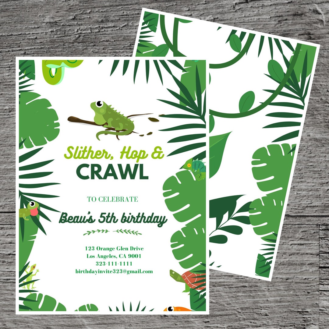 Reptiles Theme Birthday Party Invitation, Slither Hiss Crawl Boy Hop ...