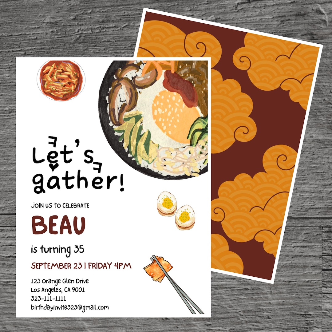 Bibimbap for Beau Theme Birthday Party Invitation Template, Korean Dish, Goldongban, Mixed Rice ...