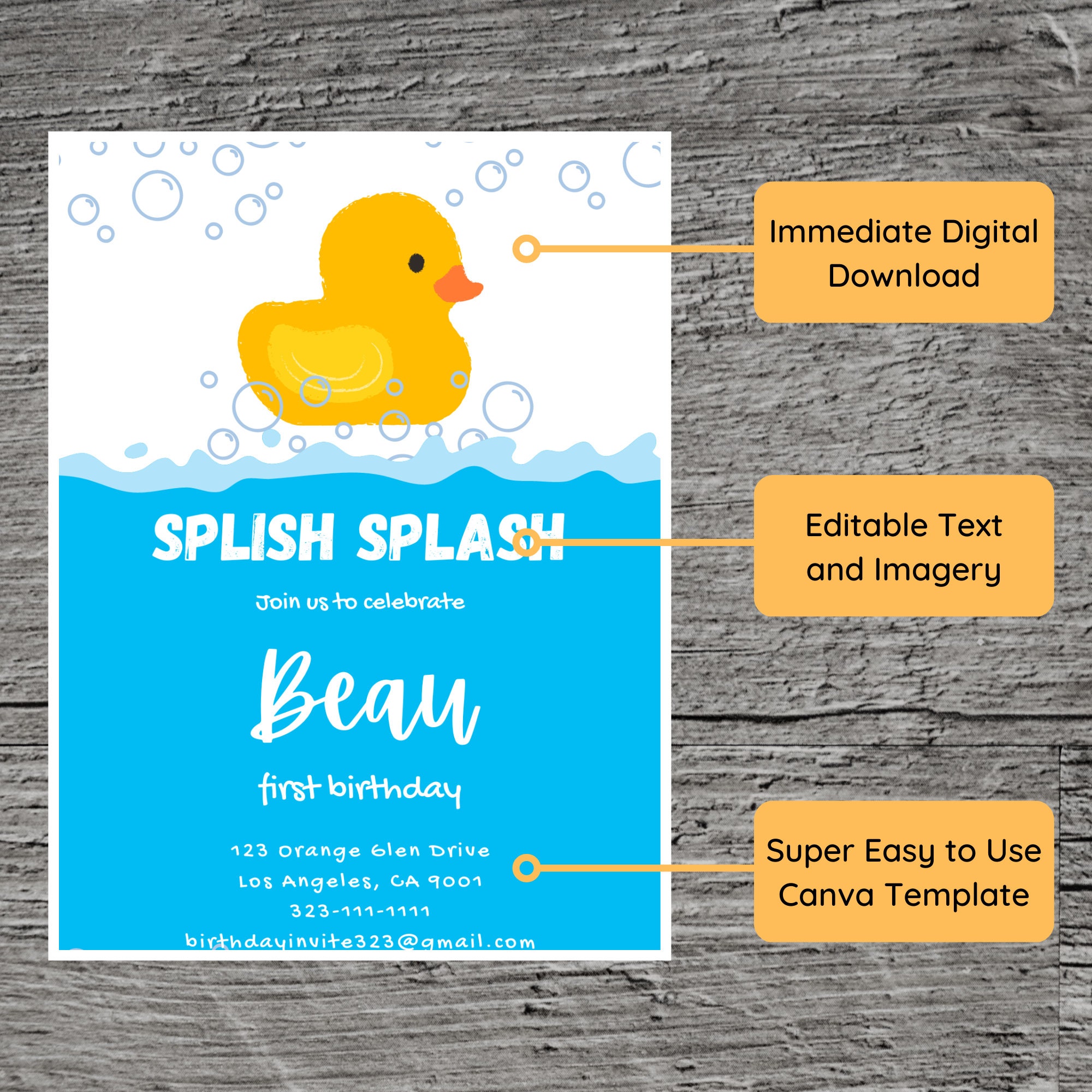 Rubber Duckie Theme Birthday Party Invitation Template, Rubber Duck ...