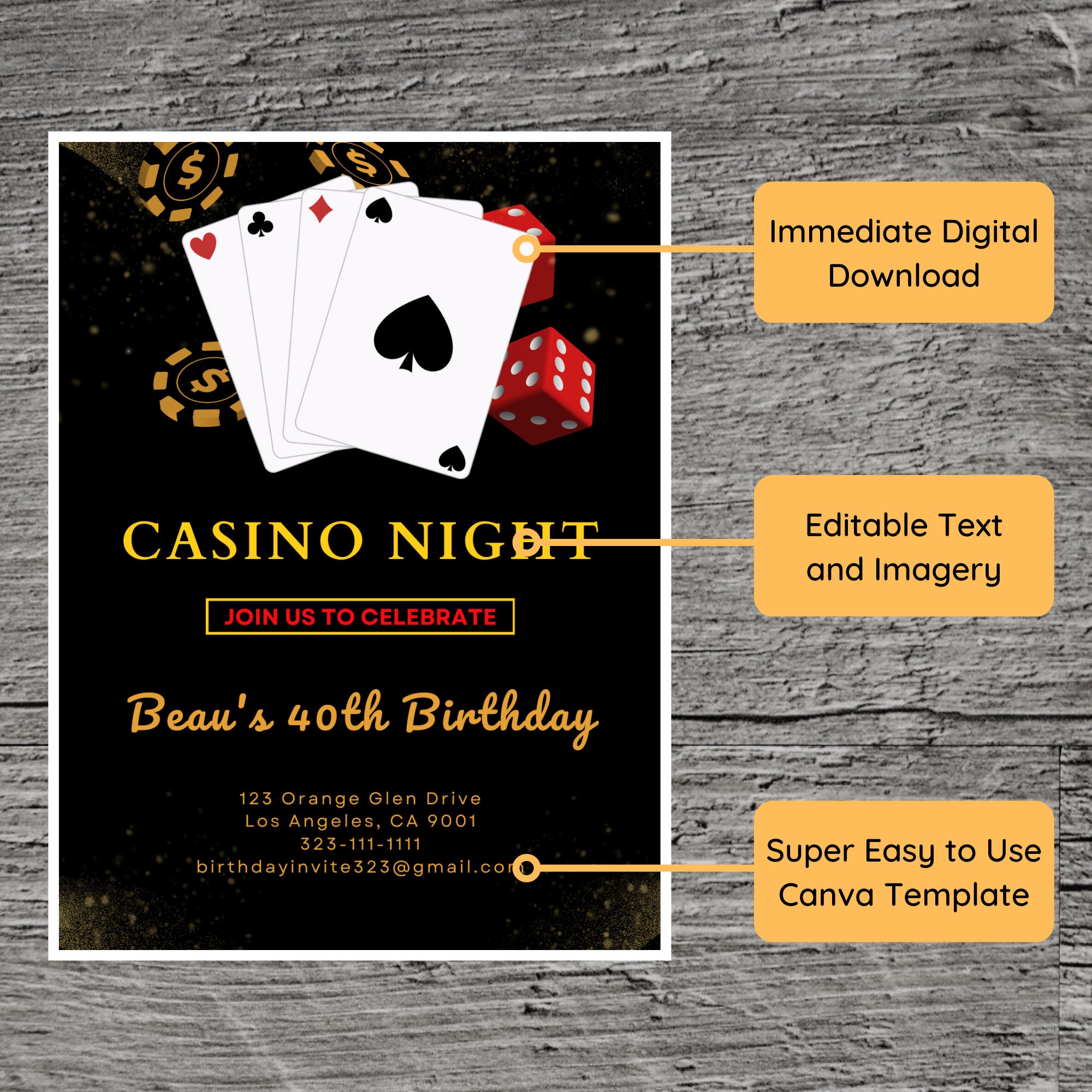 Casino Night Theme Birthday Party Invitation, Poker Cards Vegas Gamble ...