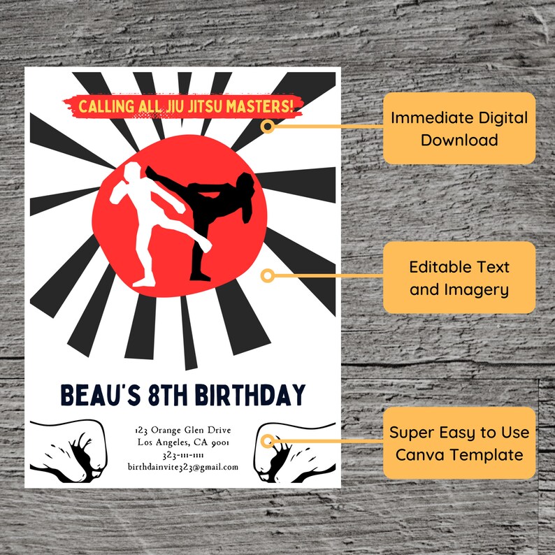 Jiu Jitsu for Beau Theme Birthday Party Invitation Template, Karate ...