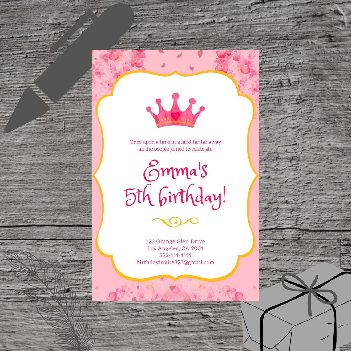 Princess for Emma Theme Birthday Party Invitation, Royal Daughter ...