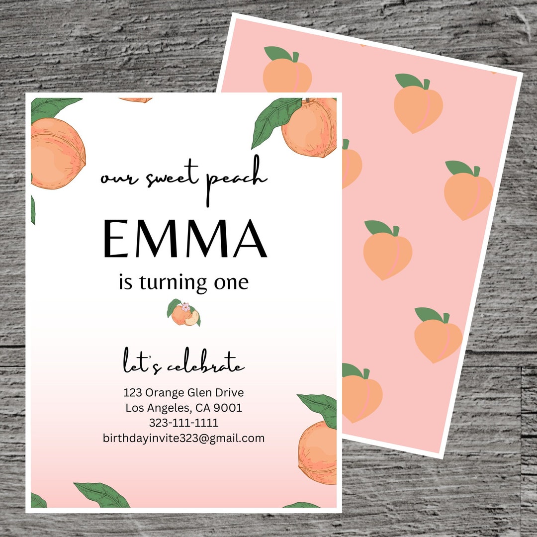 Peach Theme Birthday Party Invitation, Peachy Sweet Fruit Pie Grow Cute ...
