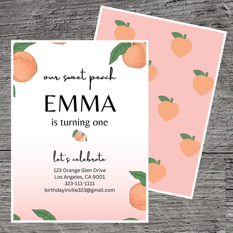 Peach Theme Birthday Party Invitation, Peachy Sweet Fruit Pie Grow Cute ...